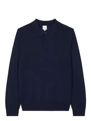Paul Smith Navy Merino Wool Knitted Long-sleeve Polo Shirt - Blue