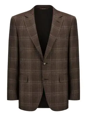 Canali Light Blue And Overcheck Blazer In Silk And Cashmere - Brown