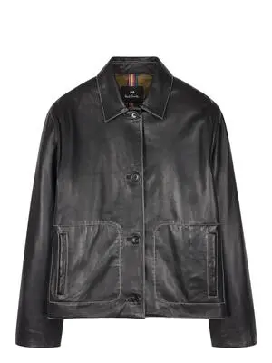 Paul Smith Leather Jacket With Contrast Stitch - Black