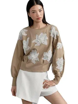 OLLARI Floral Embellished Pullover - Tan