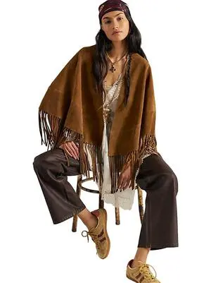 FREE PEOPLE Suede Shawl With Fringe Detailing