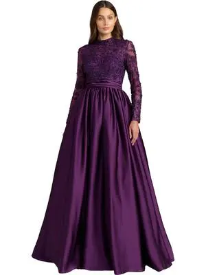 Mac Duggal Embroidered Long Sleeve Ball Gown - Aubergine