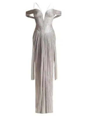 MARIA LUCIA HOHAN Pleated Front-Slit Gown Grey