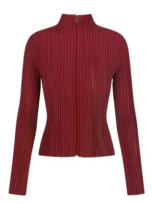 AMOMENTO Ribbed Zip-up Cardigan - Red