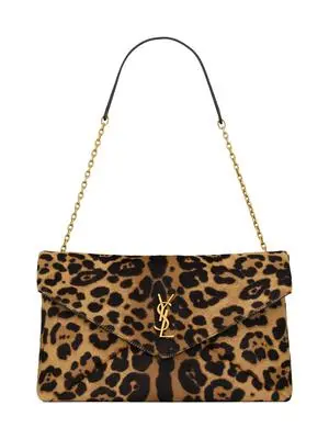 Saint Laurent Cassandre Envelope Leopard Chain Wallet - Brown