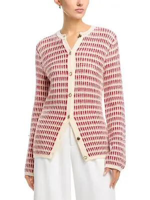 Ramy Brook Ivy Wool Blend Crewneck Cardigan Sweater - Ivory / Scarlet Red Knit