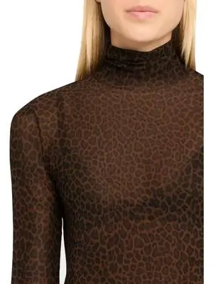 FRAME Sheer Mesh Turtleneck Top - Leopard