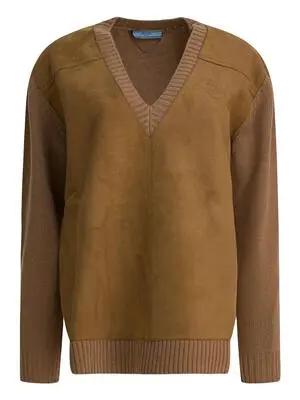 Prada Cashmere And Wool Knitwear With Lamb Leather Details - Brown