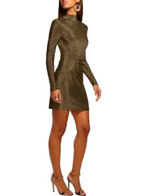 Ramy Brook Amarylis Metallic Cutout Long Sleeve Mini Dress - Gold Knit