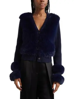 Ramy Brook Vivietta Faux Fur Trim Wool-blend Cardigan - Navy