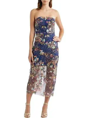 Sam Edelman Floral Sequin Strapless Midi Dress - Navy