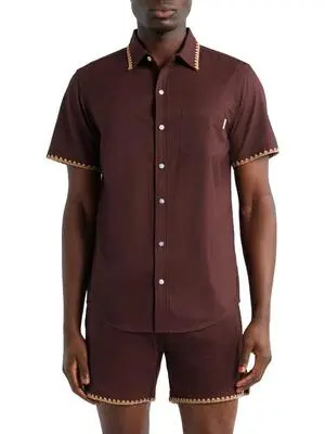 MAVRANS Espresso Crochet Trim Short Sleeve Button-up Shirt - Brown