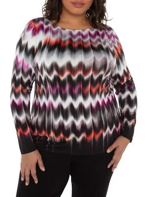 LIVERPOOL Abstract Print Boat Neck Top - Multi Wavy Stripe