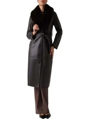 MARCIANO Zoey Faux Leather Coat With Removable Faux Fur Collar - Dark Brown
