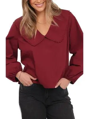 PETAL & PUP Kenna Collared Cotton Poplin Top Wine