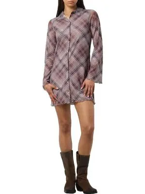 NOISY MAY Gracie Long Sleeve Mini Shirtdress - Charcoal Gray Aop Ch