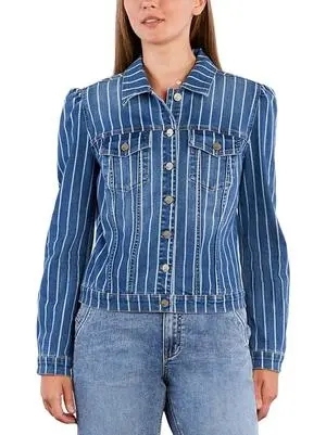 WASH LAB DENIM Luna Puff Shoulder Denim Jacket - Blue Denim Stripe
