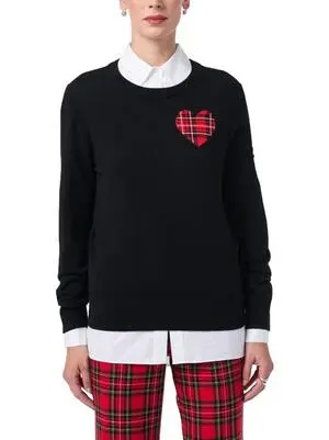 Trina Turk Plaid Heart Merino Wool Sweater - Black