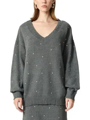 NOCTURNE Embellished V-neck Knit Sweater - Anthracite