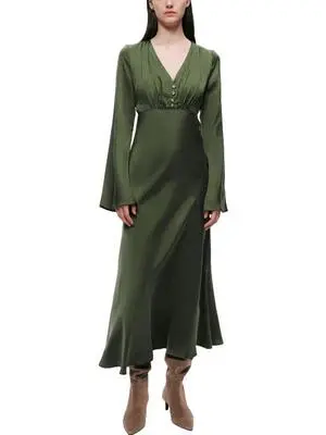 NOCTURNE Crystal-button V-neck Maxi Dress - Dark Green