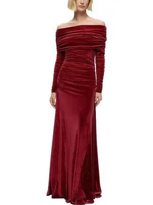 NOCTURNE Off-shoulder Velvet Maxi Dress With Rhinestone Detail - Dark Red