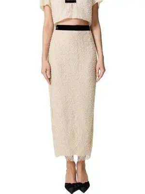 NOCTURNE Pearl Embellished Pencil Midi Skirt - Beige