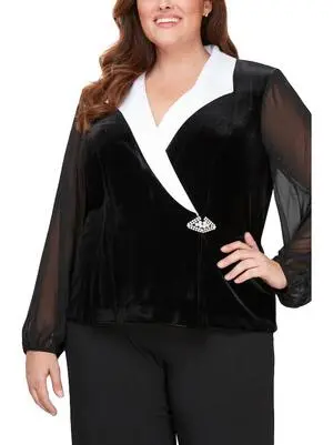 Alex Evenings Stretch Velvet Crystal Brooch Wrap Blouse - Black White