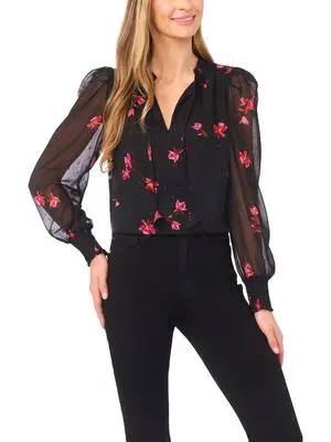 CECE DUPRAZ Floral Metallic Split-neck Top - Rich Black