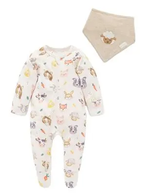 PUREBABY Cotton Zip Footie And Bib Set Farm Friends Print