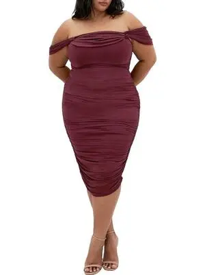 City Chic Off-the-shoulder Ruched Mesh Dress - Dark Cherry