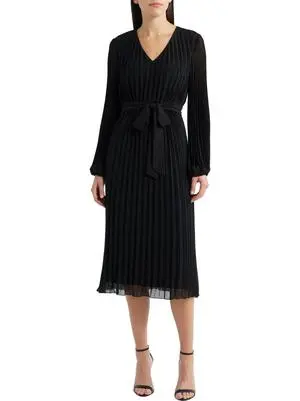 Sam Edelman Pleated Long Sleeve Chiffon Midi Dress - Black
