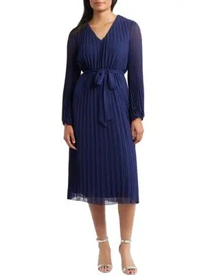 Sam Edelman Pleated Long Sleeve Chiffon Midi Dress - Navy