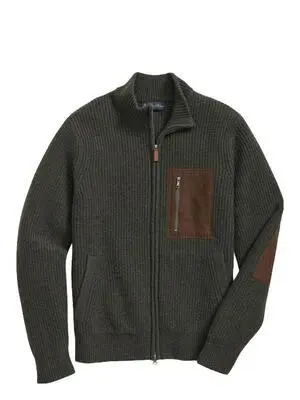 Brooks Brothers Rib Wool Military Zip Cardigan - Seaweed