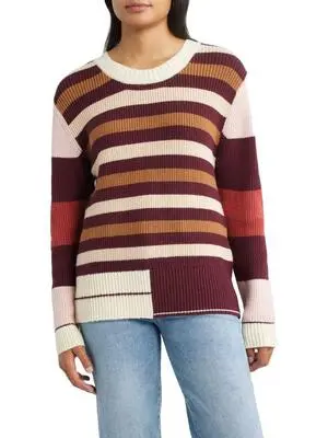 CITY BLUES Striped Colorblock Crewneck Sweater - Merlot