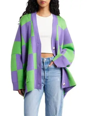 DRESSED IN LALA Oversized Checkered Cardigan - Lavender-green