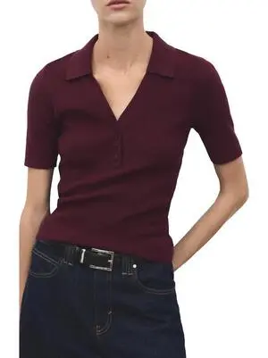 Mango Ribbed Short Sleeve Polo Sweater - Wine