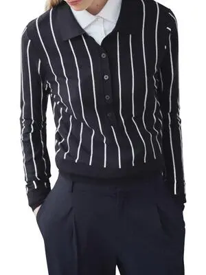 Mango Stripe Polo Sweater - Navy