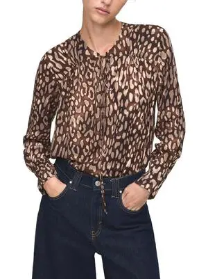 MANGO Leopard Print Satin Tie Neck Top