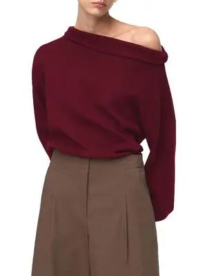 Mango Ruched Off-the-Shoulder Sweater Maroon