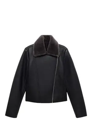 Mango Faux Leather Biker Jacket With Faux Fur Collar - Black