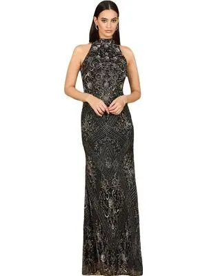 LARA NEW YORK Halter Neck Beaded Tulle Dress - Black
