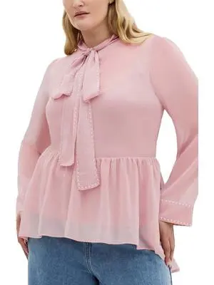 City Chic Studded Pussybow Sheer Top - Rosebud