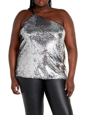 City Chic Sequin Embellished One-Shoulder Top Silver