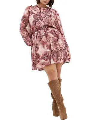 CITY CHIC Printed Belted Long Sleeve Dress