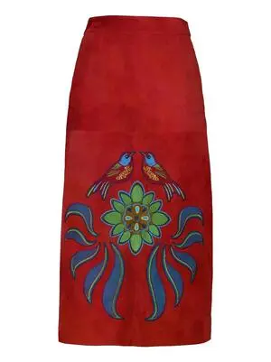 PAULA Corvus Bird-embroidered Suede Skirt - Red
