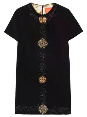 La DoubleJ Flower-embroidered Mini Dress - Black
