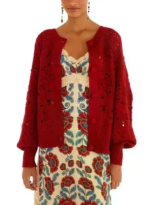 Farm Rio Openwork Buttoned Cardigan - Red