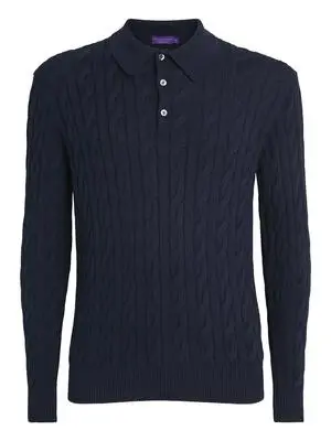 Ralph Lauren Purple Label Cotton-silk Cable-knit Polo Sweater - Navy