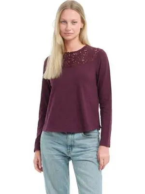 WILT CLOTHING Lace Yoke Henley Tee - Dark Fig