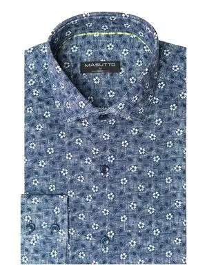 MASUTTO Florian Floral Knit Print Button-up Shirt - Blue